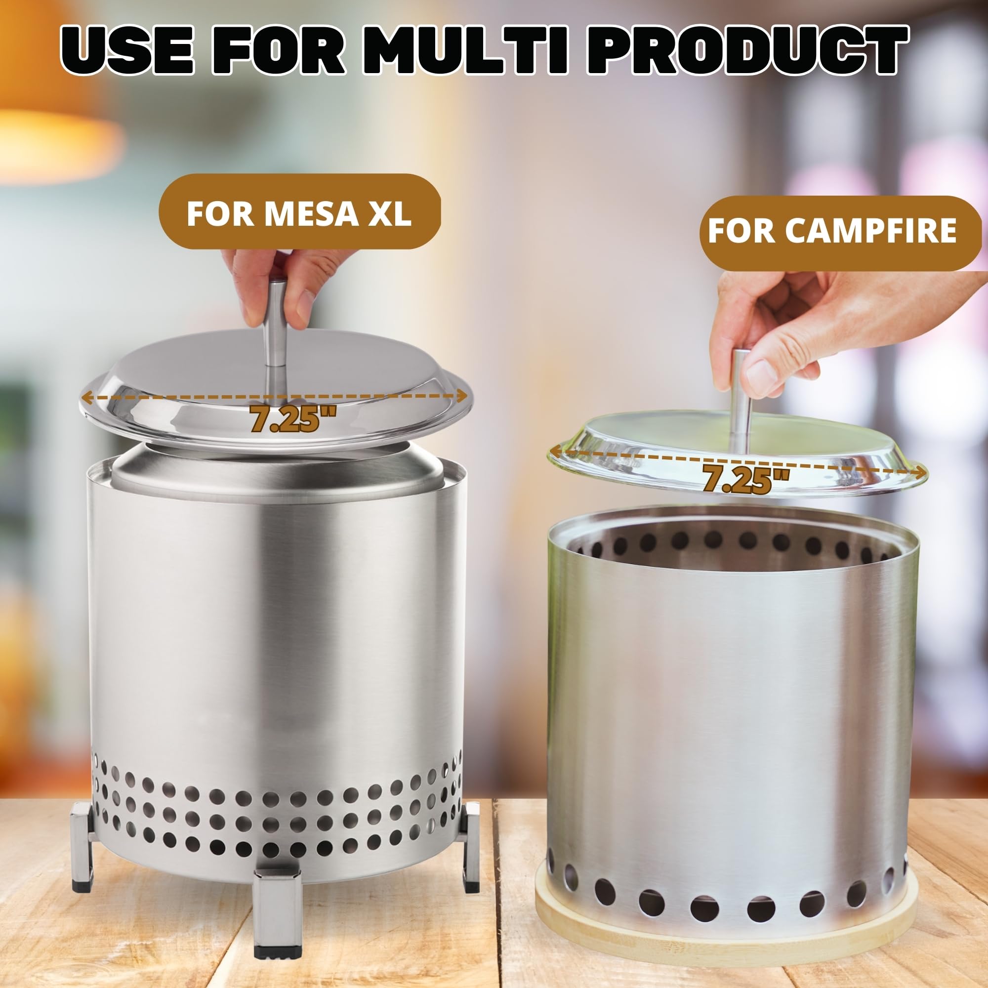 FirePit Lid for Solo Stove Mesa, Mesa XL. Tabletop Firepit Lid Keeps Out Leaves, Water, rain. Stainless Steel Handle Prevents Hand Burns Thickness 1mm, Heavy, Resistant to Sliding (Mesa XL+Campfire)