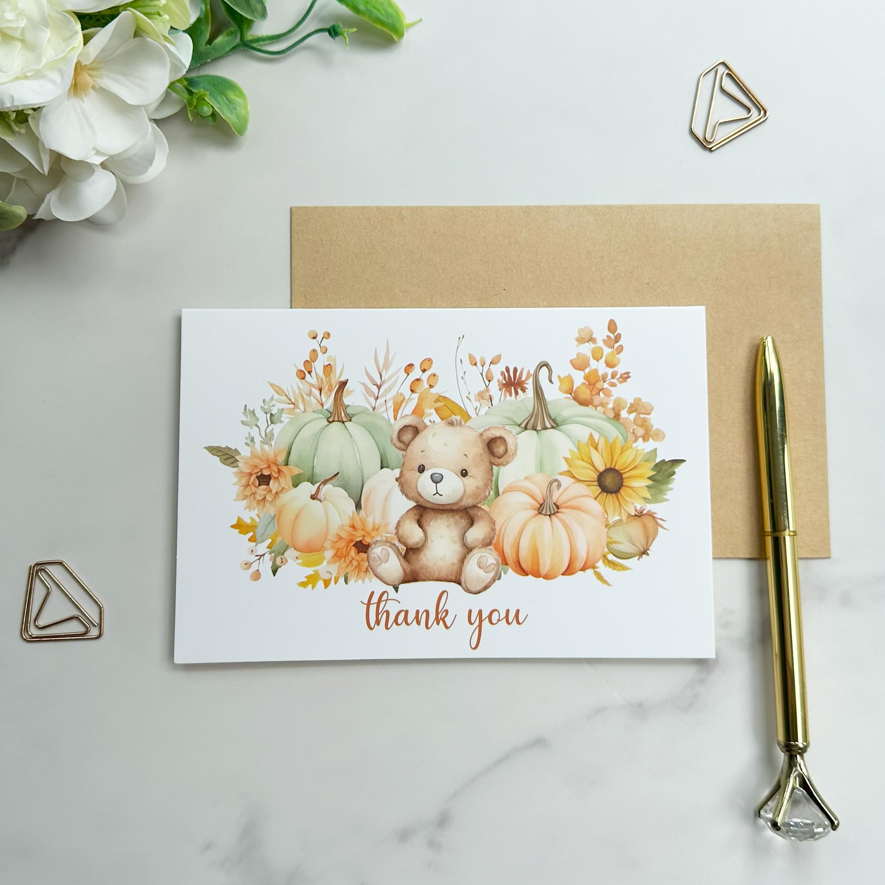 Gooji 4x6 Pumpkin Teddy Bear Thank You Cards with Envelopes Fall Baby Shower Thank You Cards Girl (Bulk 20-Pack) Birthday, Thanksgiving, Woodland,Floral, Boho, Rustic, We Can Bearly Wait