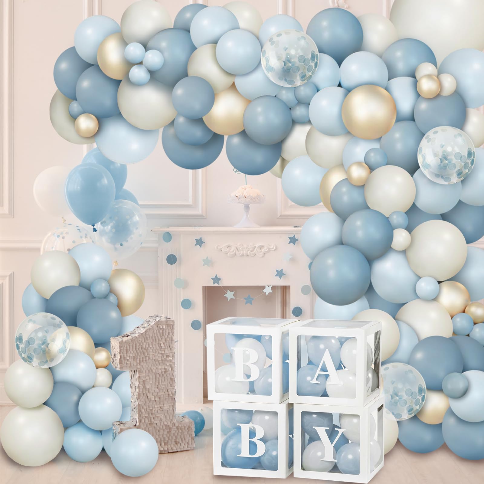 iLaFm 150Pcs Dusty Baby Blue Balloon Arch Garland Kit, Sand White Slate Fog Pastel Baby Blue Balloons Metallic Gold for Boy Baby Bridal Shower Birthday Wedding Party Decorations