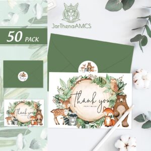 JarThenaAMCS 50 Packs Woodland Thank You Cards Woodland Animal Watercolor Greeting Cards Boxed with Envelopes and Stickers Forest Creature Blank Note Cards for Baby Shower Birthday Party