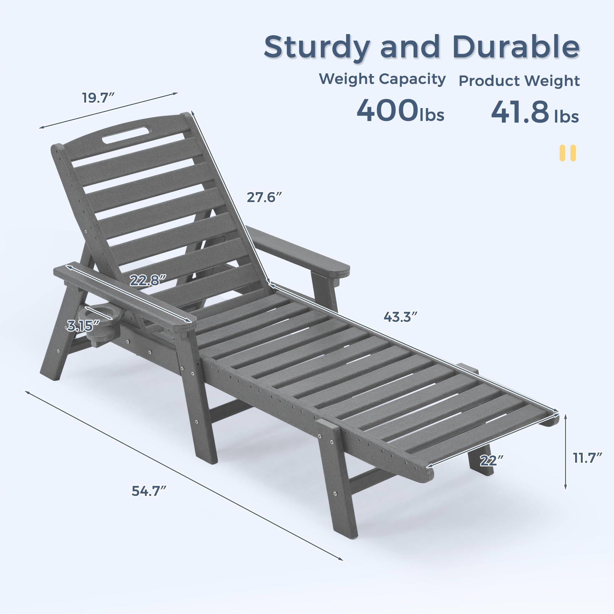 Outdoor Chaise Lounge Chair,Heavy Solid Patio Chaise Lounge with Arm/Cup Holder,HDPE Lounge Chair Outdoor[Wind Resistant and 100% Waterproof],400LBS Adirondack Lounge Chair with 5-Position Backrest