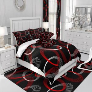 Feelyou Retro Circle Geometry Bedding Set King Red White Circle Comforter Cover for Boys Girls Circle Duvet Cover 100% Cotoon Stripe Line Art Bedspread Cover Decorative 3Pcs with 2 Pillow Case