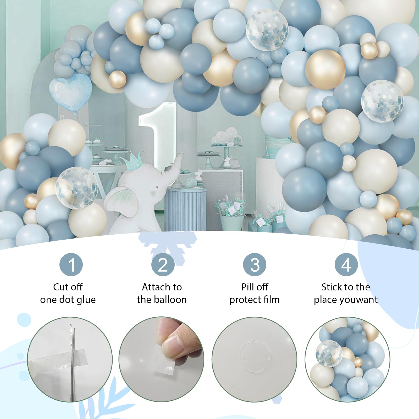 iLaFm 150Pcs Dusty Baby Blue Balloon Arch Garland Kit, Sand White Slate Fog Pastel Baby Blue Balloons Metallic Gold for Boy Baby Bridal Shower Birthday Wedding Party Decorations