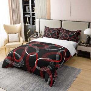 Feelyou Retro Circle Geometry Bedding Set King Red White Circle Comforter Cover for Boys Girls Circle Duvet Cover 100% Cotoon Stripe Line Art Bedspread Cover Decorative 3Pcs with 2 Pillow Case