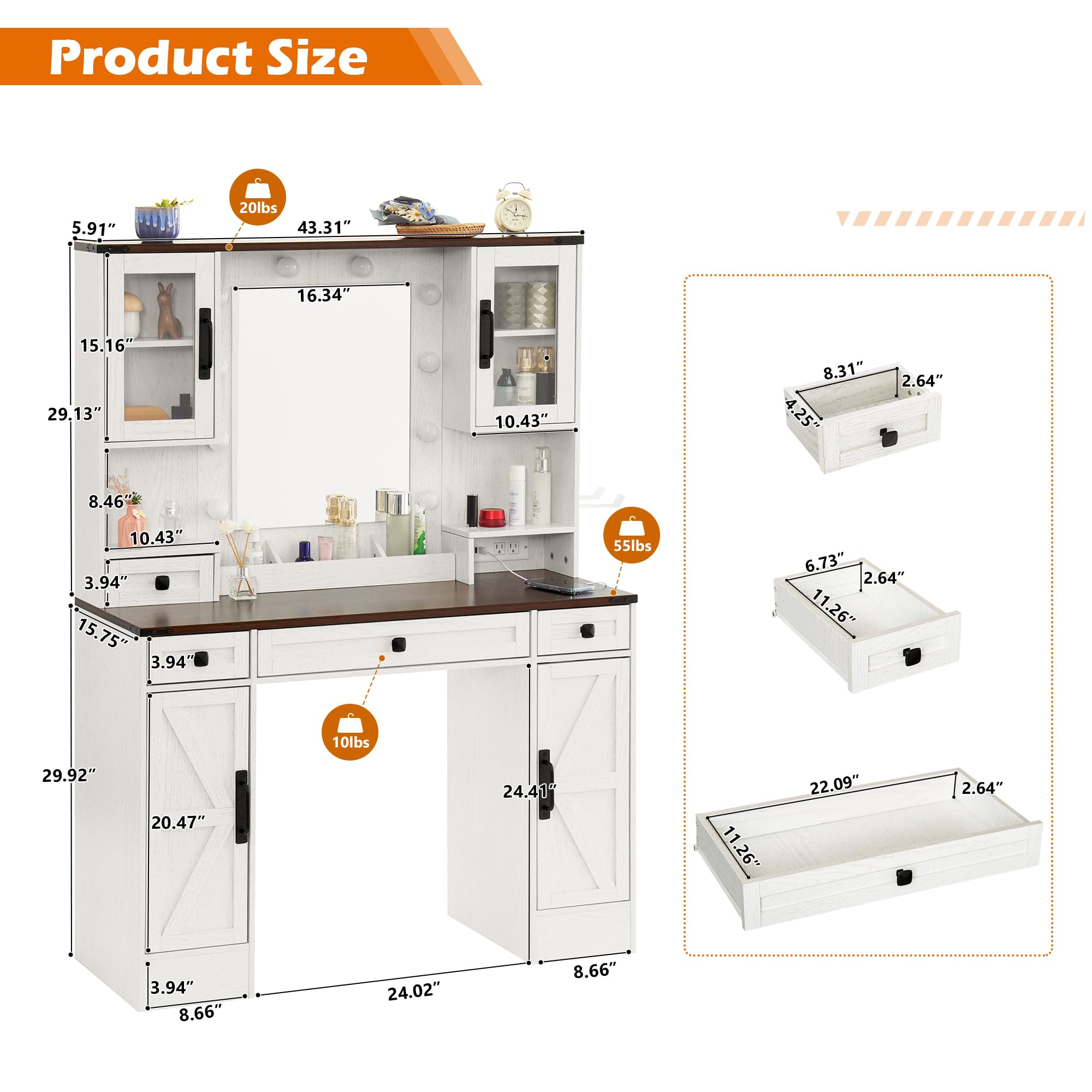 Farmhouse Makeup Vanity with Mirror and Lights,43" Wide Vanity Desk with Power Strip,Vanity Table with 4 Drawers and Cabinets,3 Color Modes & Adjustable Brightness, Makeup Table for Bedroom