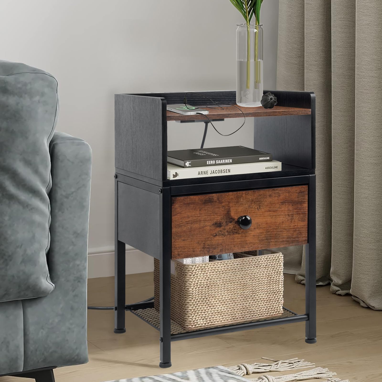 TooCust Tall End Table with Charging Station-Raised Baffle Design on The Top,12" W×16" D×24" H,3-Tier Rustic Nightstand with Drawer, End Tables with USB Ports and Outlet, Vintage Bedside Table