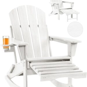 Serique Folding Adirondack Rocking Chair,4-in-1 Multifunctional Patio Chair with Retractable Ottoman, Outdoor Chair Wood Texture, Lawn Chair for Porch, Backyard, Pool(White)