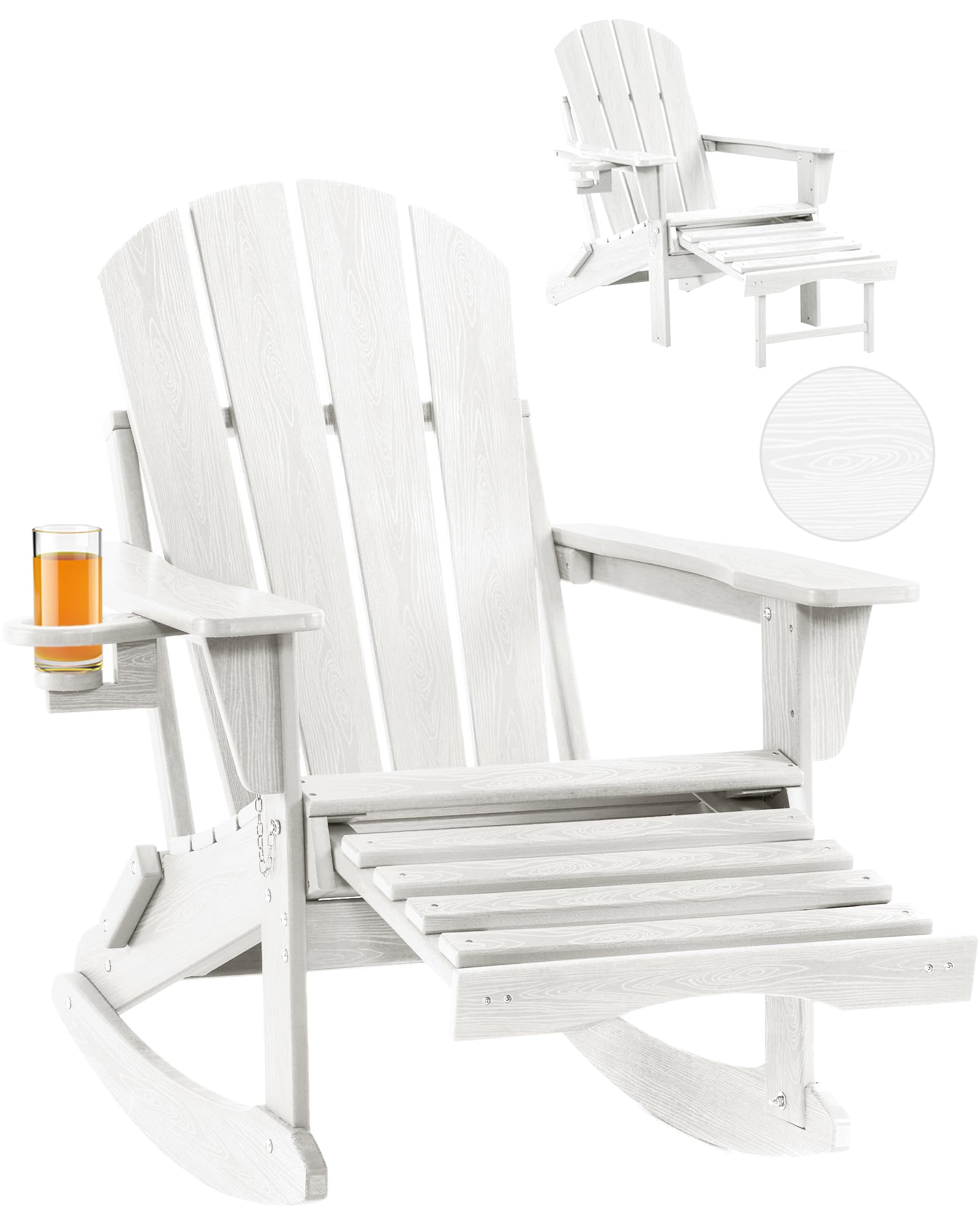 Serique Folding Adirondack Rocking Chair,4-in-1 Multifunctional Patio Chair with Retractable Ottoman, Outdoor Chair Wood Texture, Lawn Chair for Porch, Backyard, Pool(White)