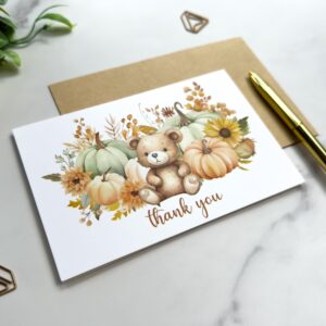 Gooji 4x6 Pumpkin Teddy Bear Thank You Cards with Envelopes Fall Baby Shower Thank You Cards Girl (Bulk 20-Pack) Birthday, Thanksgiving, Woodland,Floral, Boho, Rustic, We Can Bearly Wait