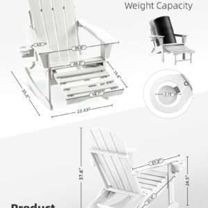 Serique Folding Adirondack Rocking Chair,4-in-1 Multifunctional Patio Chair with Retractable Ottoman, Outdoor Chair Wood Texture, Lawn Chair for Porch, Backyard, Pool(White)