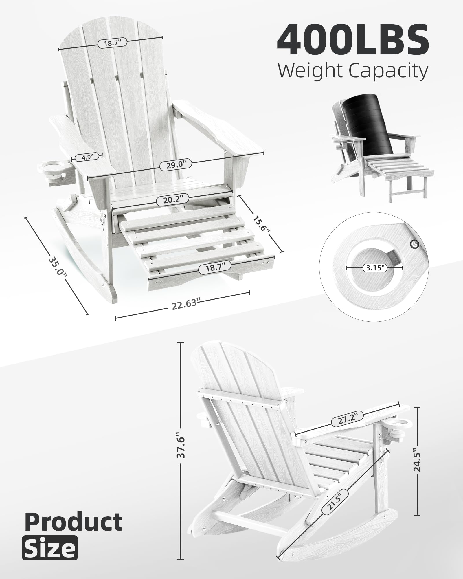 Serique Folding Adirondack Rocking Chair,4-in-1 Multifunctional Patio Chair with Retractable Ottoman, Outdoor Chair Wood Texture, Lawn Chair for Porch, Backyard, Pool(White)