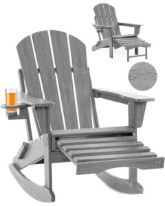 serique folding adirondack rocking chair,4-in-1 multifunctional patio chair with retractable ottoman, outdoor chair wood texture, lawn chair for porch, backyard, pool(grey)