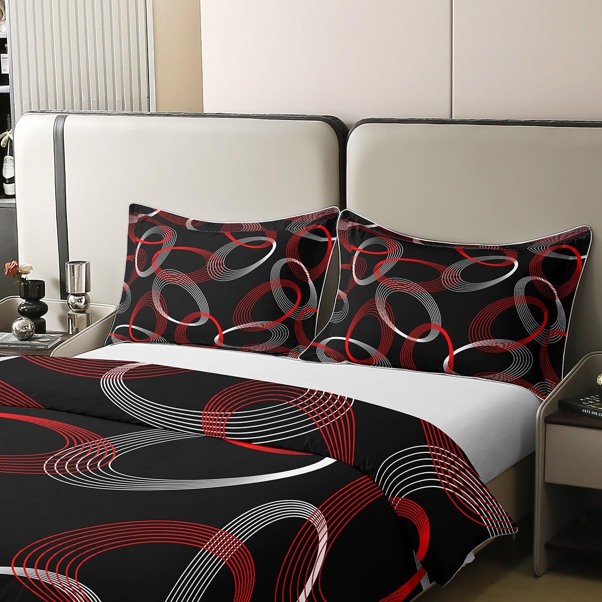 Feelyou Retro Circle Geometry Bedding Set King Red White Circle Comforter Cover for Boys Girls Circle Duvet Cover 100% Cotoon Stripe Line Art Bedspread Cover Decorative 3Pcs with 2 Pillow Case