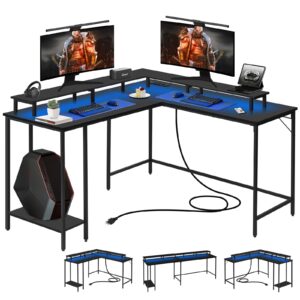 panana 53.5" l shaped computer desk gaming desk with led lights and power outlets, reversible l shaped corner desk with monitor stand, home office desk with shelf and usb port (black)