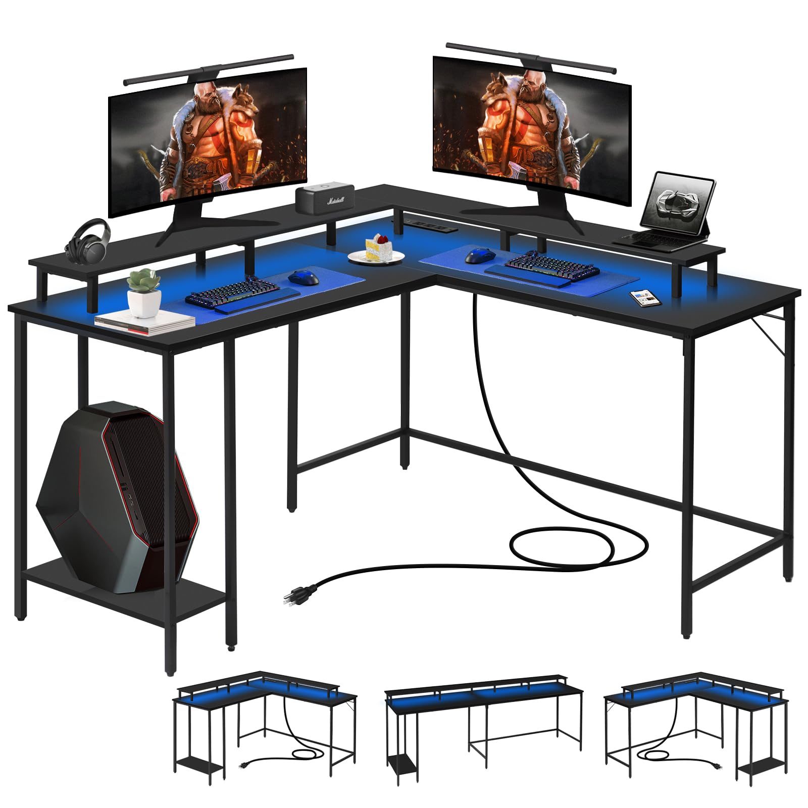 Panana 53.5" L Shaped Computer Desk Gaming Desk with LED Lights and Power Outlets, Reversible L Shaped Corner Desk with Monitor Stand, Home Office Desk with Shelf and USB Port (Black)