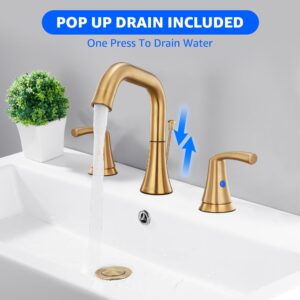 WaterSong Bathroom Sink Faucet, Brushed Gold Bathroom Faucet 3 Hole, 8 Inch Widespread Bathroom Faucet with Pop up Drain Assembly, Two Handle Vanity Faucet