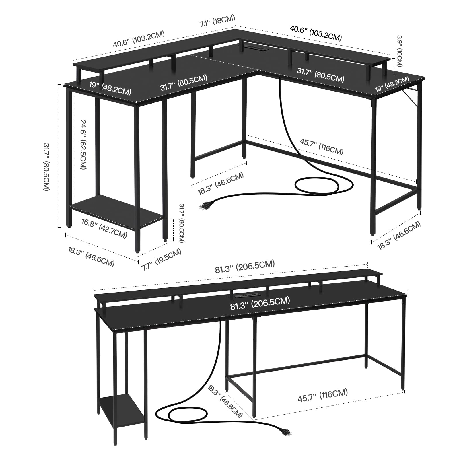 Panana 53.5" L Shaped Computer Desk Gaming Desk with LED Lights and Power Outlets, Reversible L Shaped Corner Desk with Monitor Stand, Home Office Desk with Shelf and USB Port (Black)