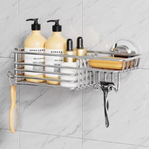 taili shower caddy suction cup with hooks & soap holder, heavy duty bathroom shower organizer, no drilling shower shelves for inside shower, metal silver shower holder organizer