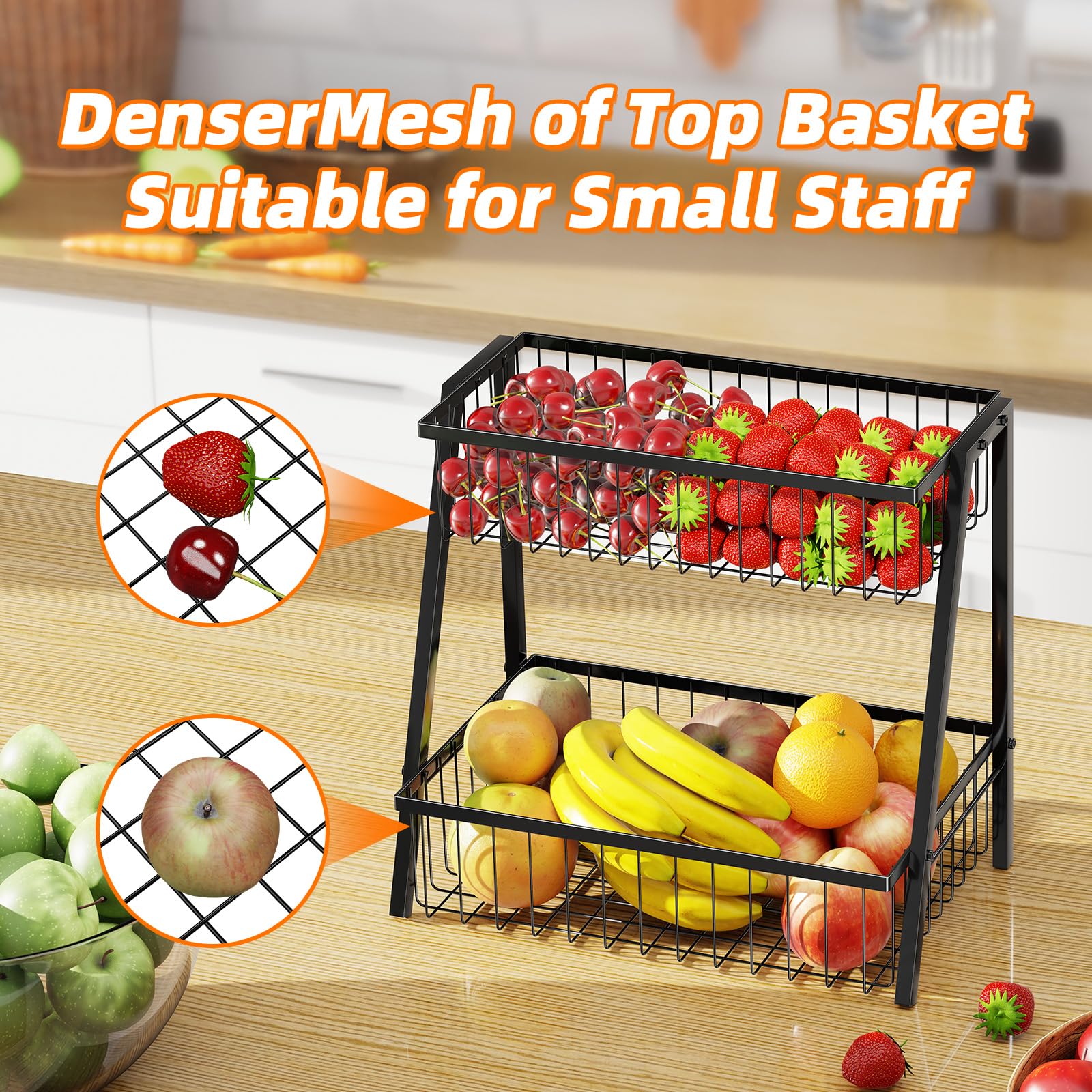 Simple Trending 2 Tier Fruit Basket Metal Wire with 4 Banana Hooks, Countertop Fruit Vegetable Basket Kitchen Organizer for Bread Snack Veggies Produce, Black