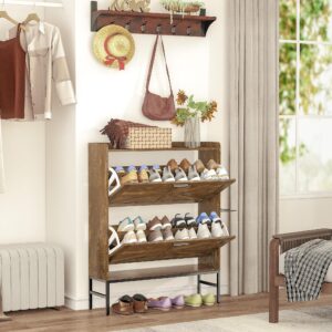 RKVPCNE Shoe Cabinet with 2 Flip Drawers Narrow Shoes Storage Cabinet with 1 Boot Rack Flip Down Shoe Closet Shoe Organizer for Entryway Foyer Hallway (Rustic Brown)