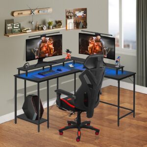 Panana 53.5" L Shaped Computer Desk Gaming Desk with LED Lights and Power Outlets, Reversible L Shaped Corner Desk with Monitor Stand, Home Office Desk with Shelf and USB Port (Black)