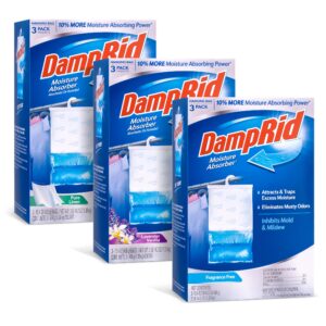 damp rid hanging moisture absorber, 1 powder fresh, 1 lavender vanilla, & 1 fragrance free - eliminates odors for fresher, cleaner air,14% more moisture absorbing power. ilios packaging.