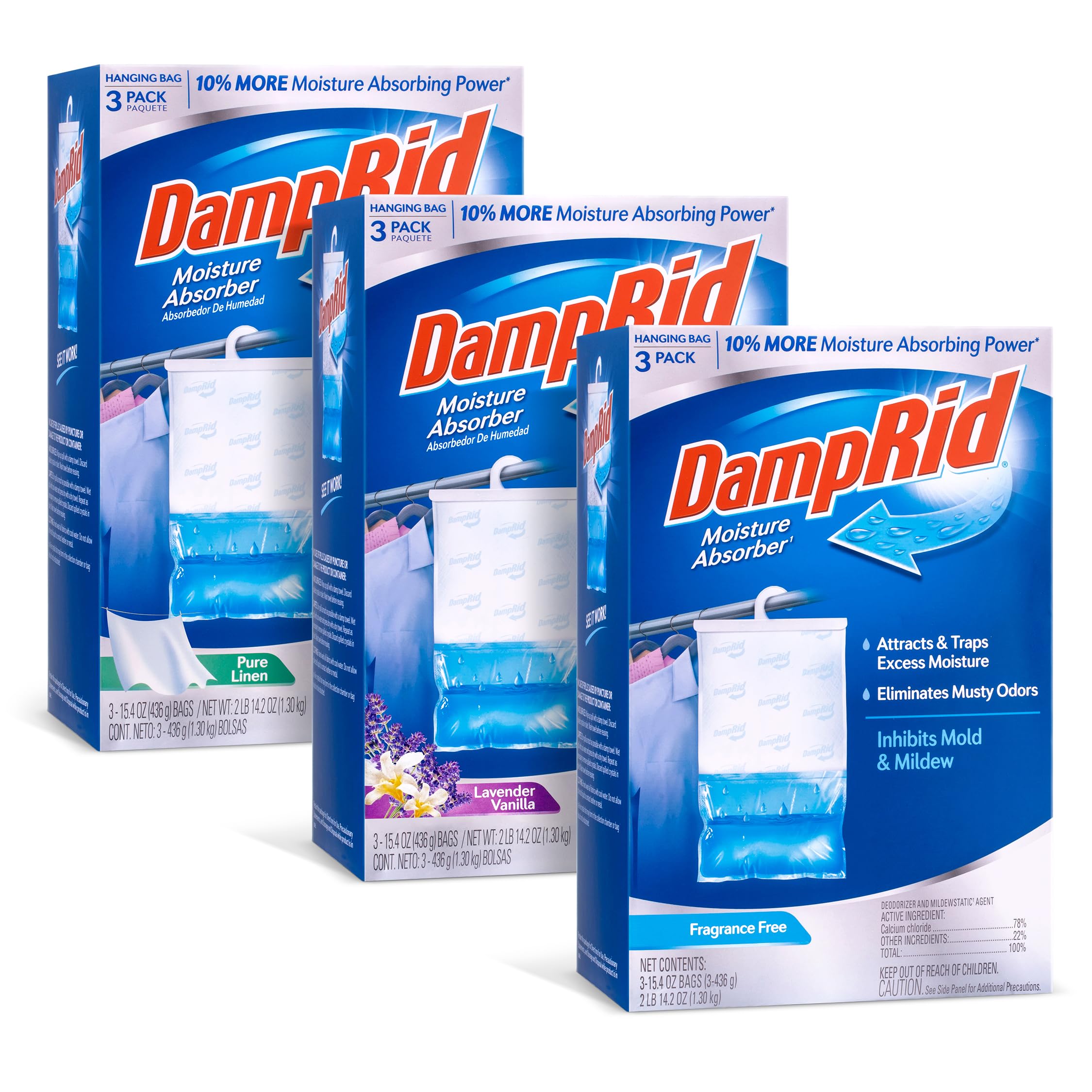 Damp Rid Hanging Moisture Absorber, 1 Powder Fresh, 1 Lavender Vanilla, & 1 Fragrance Free - Eliminates Odors for Fresher, Cleaner Air,14% More Moisture Absorbing Power. Ilios Packaging.