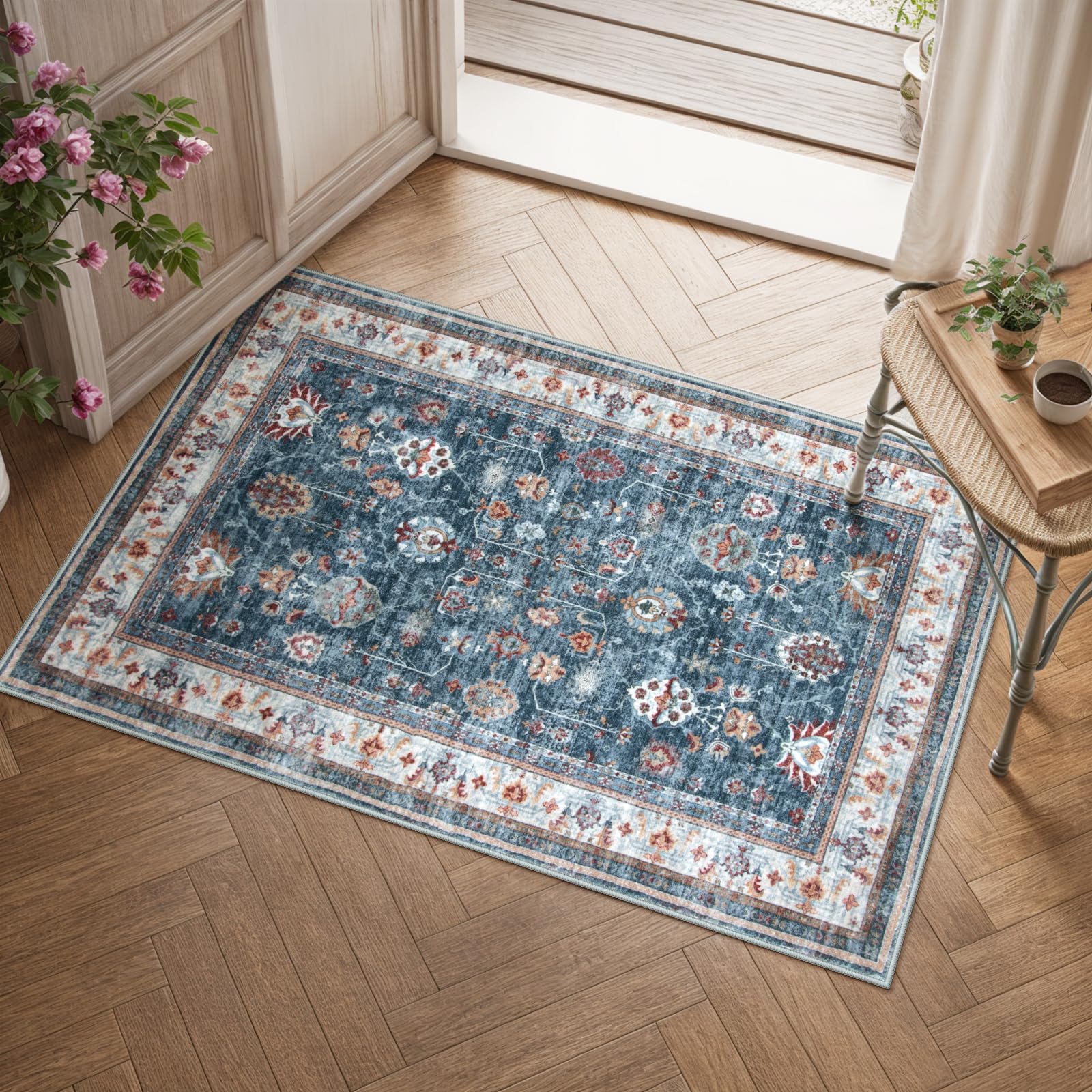 Seavish Small Entryway Rug 2x3 Rug Soft Kitchen Rugs Low Pile Doormat Boho Accent Throw Rugs with Rubber Backing Washable Blue Area Rug Floor Carpet for Bathroom Sink Bedroom Entrance