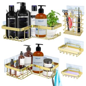 cozymade corner shower caddy, 5pcs adhesive shower caddy with soap holder, no drilling wall mounted shower shelves, rustproof stainless steel shower organizer, gold