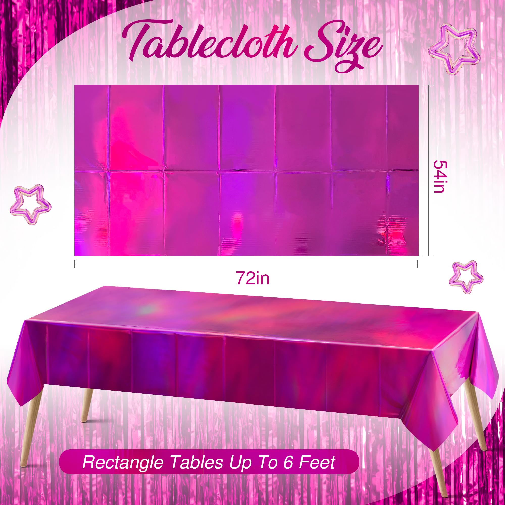 2 Pcs Hot Pink Iridescent Plastic Tablecloths, Disposable Shiny 54" x 72" Laser Holographic Rectangle Table Cover, Foil Table Cloth for Party Decoration, Birthday, Bachelorette, Bridal, Wedding