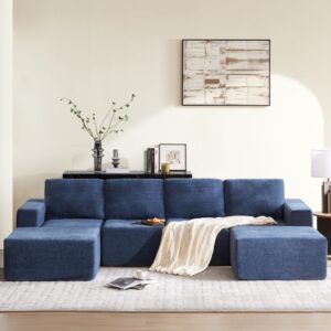 minimalist style modular sectional sofa, luxury chenille fabric cloud couch with movable ottoman, sleeper sofa bed for living room, no assembly require-blue