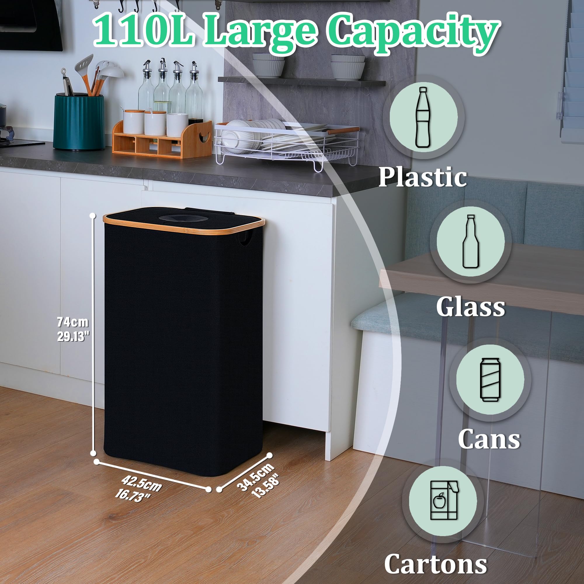 iEGrow 29 Gallon Recycling Bin for Kitchen, Indoor Home Recycle Bins with Lid, 110L Large Recycling bin with 2 Removeable Reusable Inner Bags, for Bottles Cans Glass Plastice Cartons(Black)