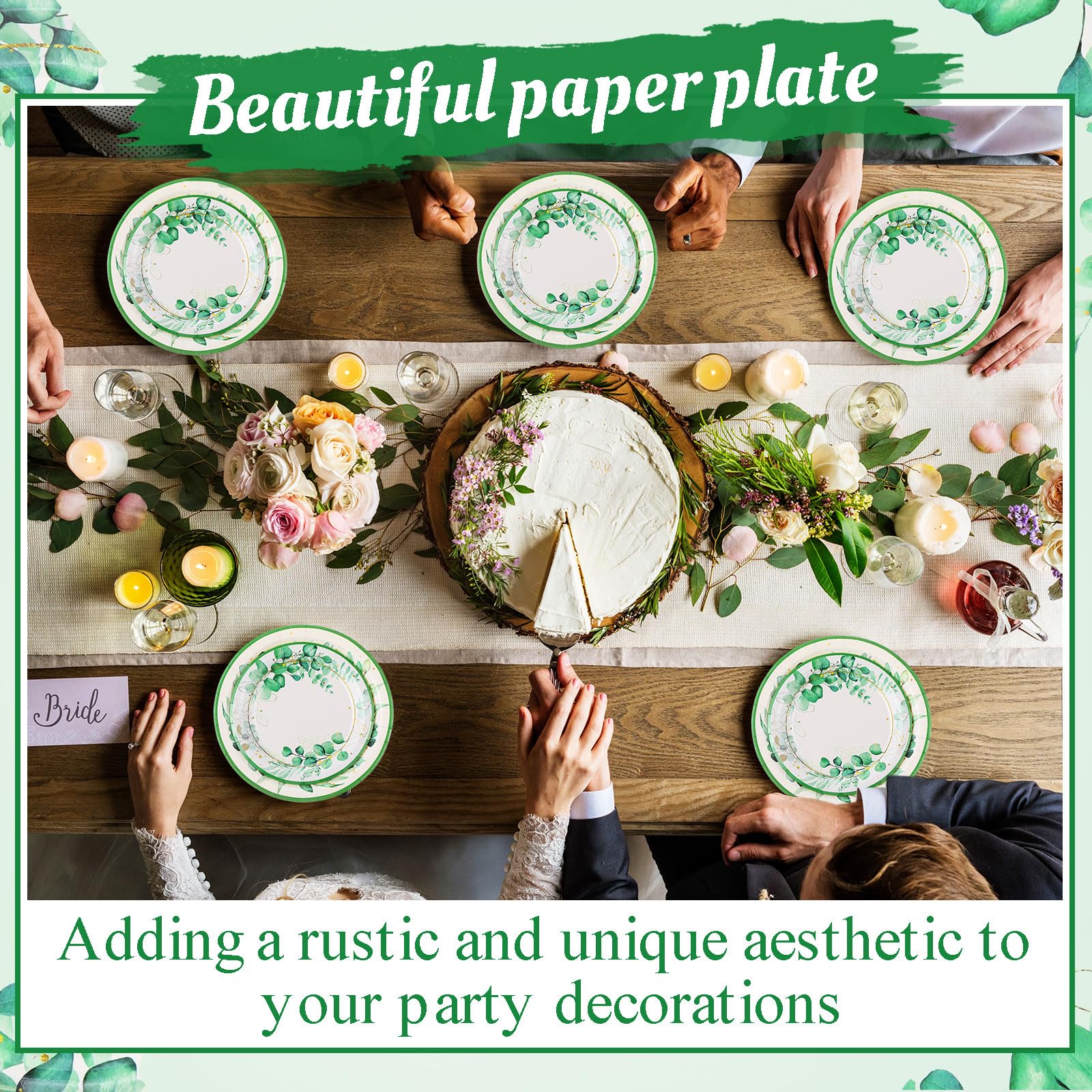 Mumufy 100 Pack Sage Green Paper Plates Eucalyptus Dinner Plates and Greenery Leaves Dessert Plates Spring Summer Decorative Tableware for Wedding Baby Shower Bridal Shower Birthday Party Supplies