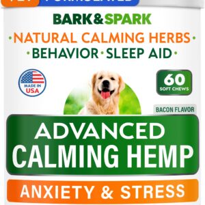 BARK&SPARK Advanced Calming Hemp Treats for Dogs - Hemp Oil + Melatonin - Anxiety Relief - Separation Aid - Stress Relief During Fireworks, Storms, Thunder - Aggressive Behavior, Barking - 60Chews