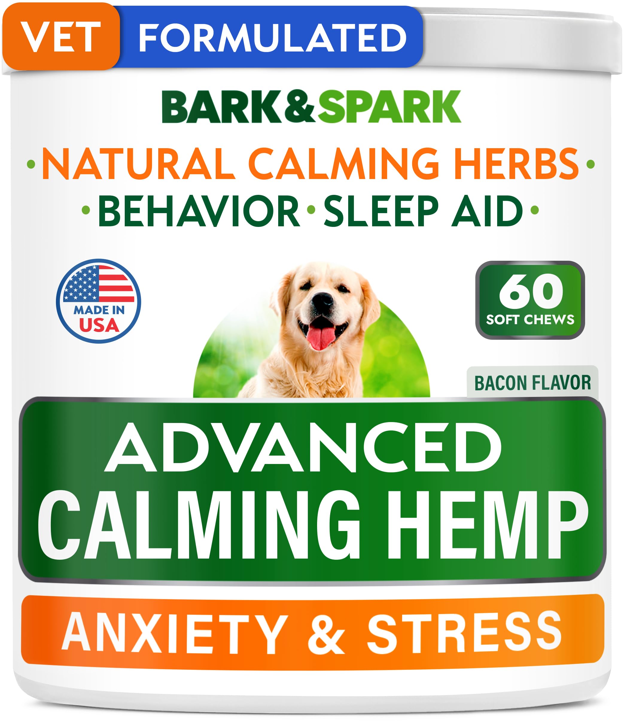 BARK&SPARK Advanced Calming Hemp Treats for Dogs - Hemp Oil + Melatonin - Anxiety Relief - Separation Aid - Stress Relief During Fireworks, Storms, Thunder - Aggressive Behavior, Barking - 60Chews