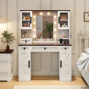 farmhouse makeup vanity with mirror and lights,43" wide vanity desk with power strip,vanity table with 4 drawers and cabinets,3 color modes & adjustable brightness, makeup table for bedroom