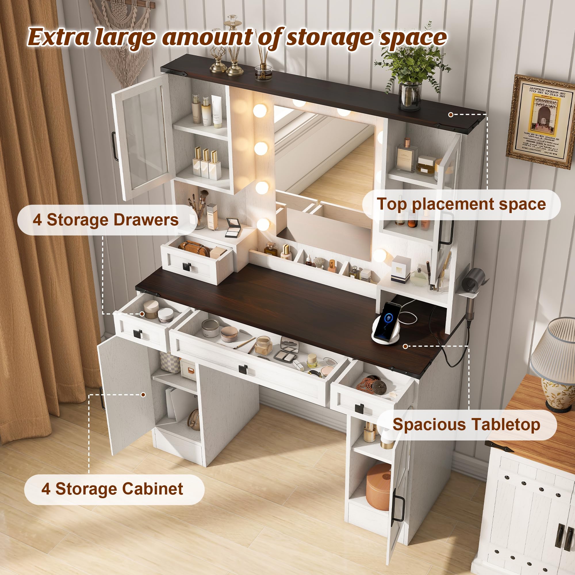 Farmhouse Makeup Vanity with Mirror and Lights,43" Wide Vanity Desk with Power Strip,Vanity Table with 4 Drawers and Cabinets,3 Color Modes & Adjustable Brightness, Makeup Table for Bedroom