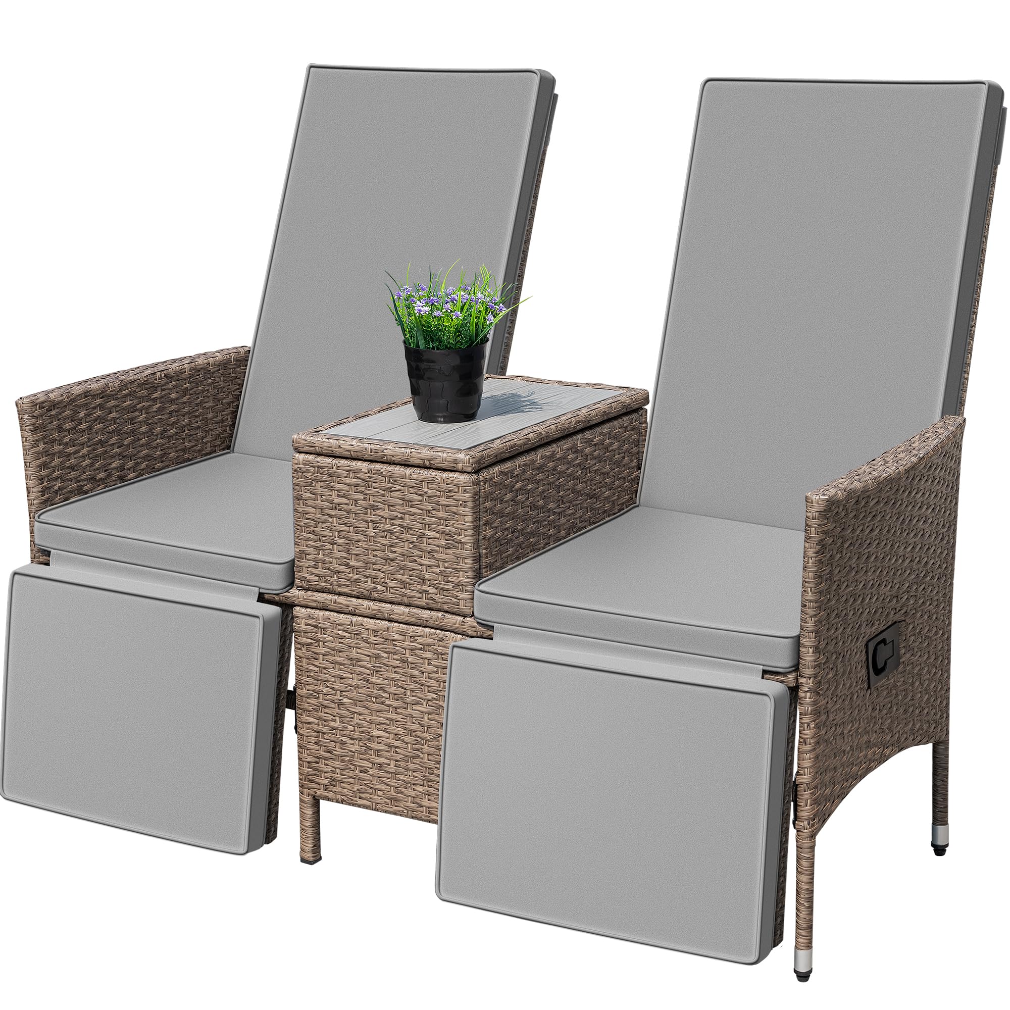 Greesum Patio Recliner All-Weather Wicker Double Lounge Chair Built-in Storage Side Table, Gray