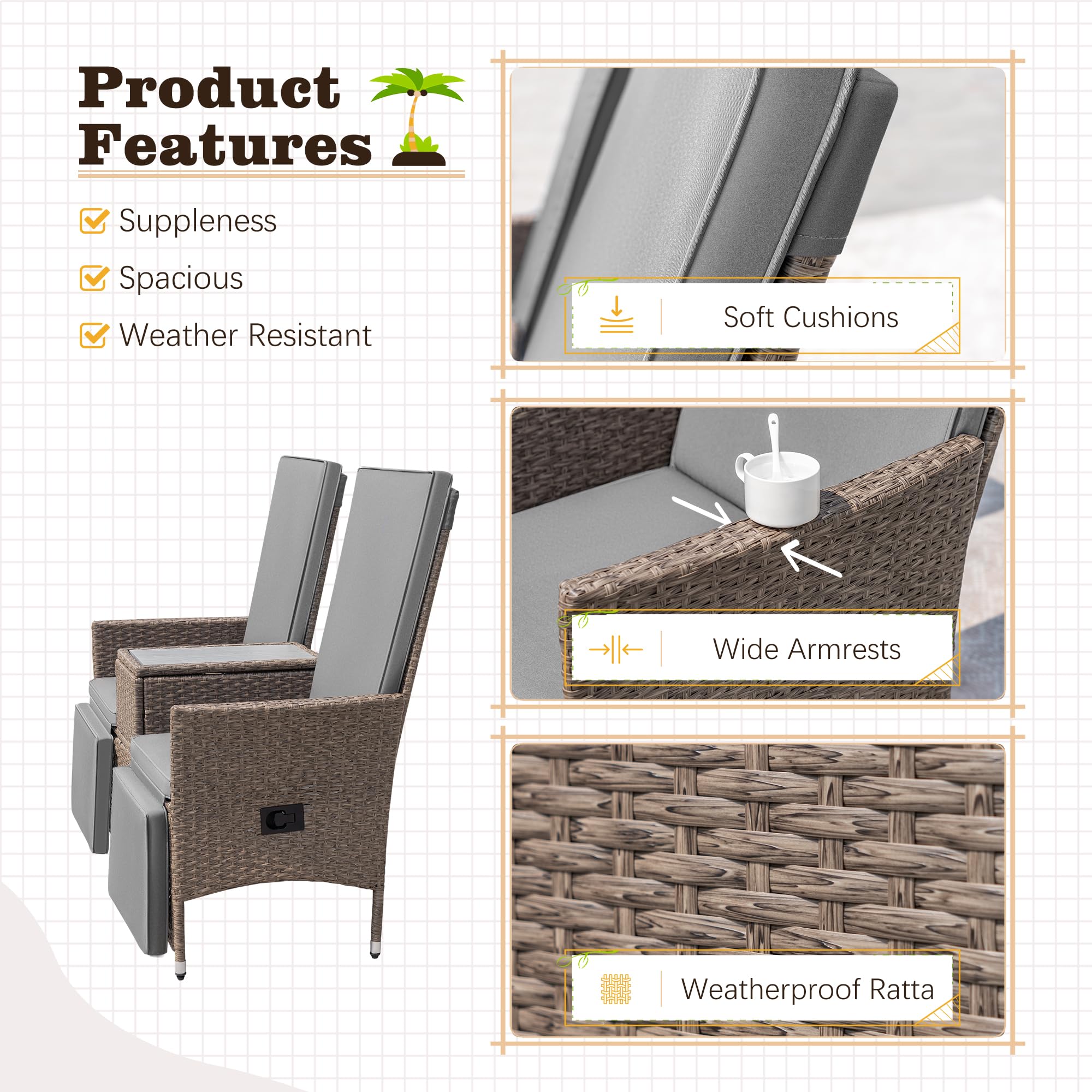 Greesum Patio Recliner All-Weather Wicker Double Lounge Chair Built-in Storage Side Table, Gray