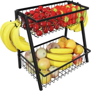 simple trending 2 tier fruit basket metal wire with 4 banana hooks, countertop fruit vegetable basket kitchen organizer for bread snack veggies produce, black