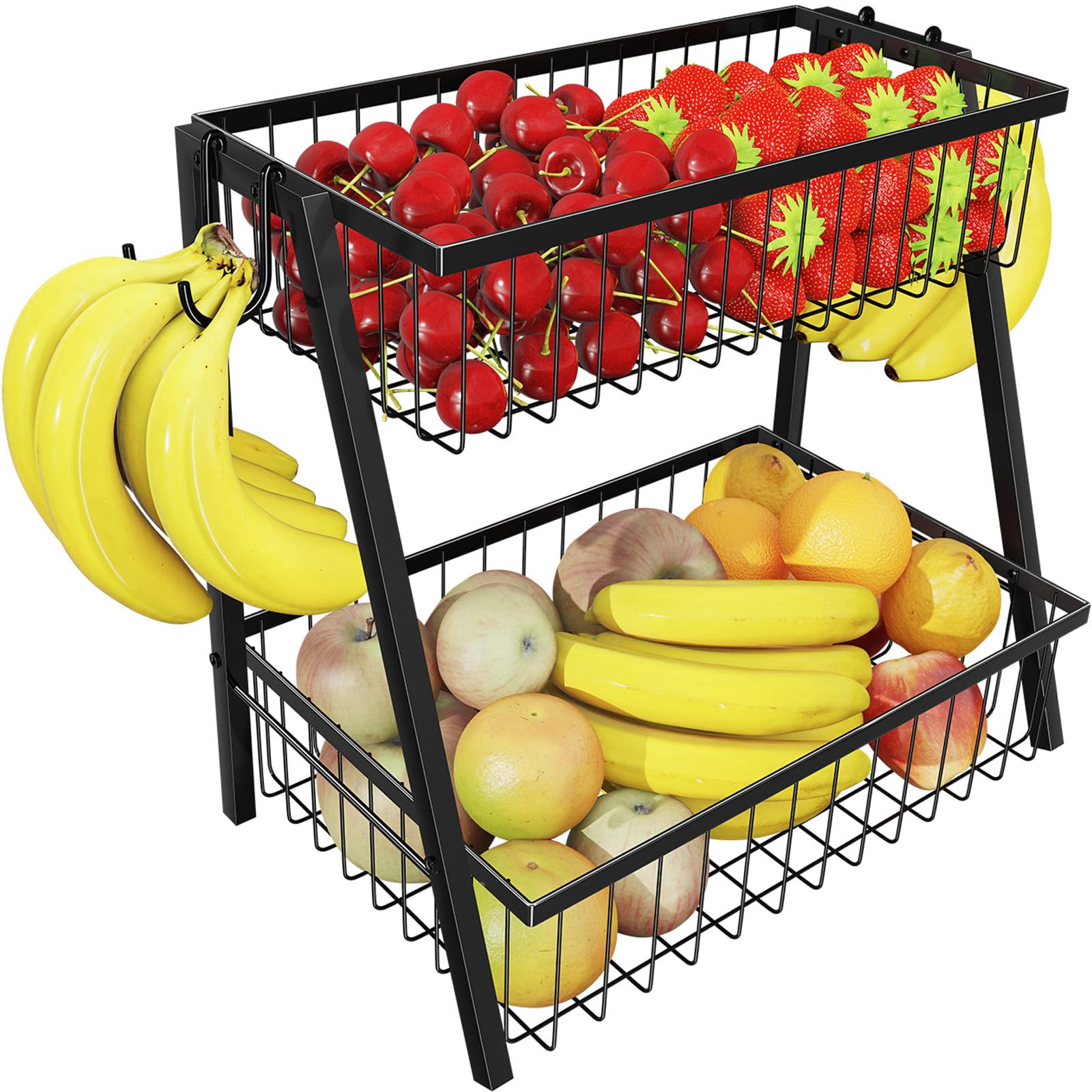 Simple Trending 2 Tier Fruit Basket Metal Wire with 4 Banana Hooks, Countertop Fruit Vegetable Basket Kitchen Organizer for Bread Snack Veggies Produce, Black