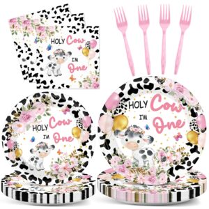 gisgfim 96pcs holy cow i'm one party supplies pink cow print paper plates napkins cow first party tableware set cow floral dinnerware for girl 1st birthday party table dinner decoration serve 24