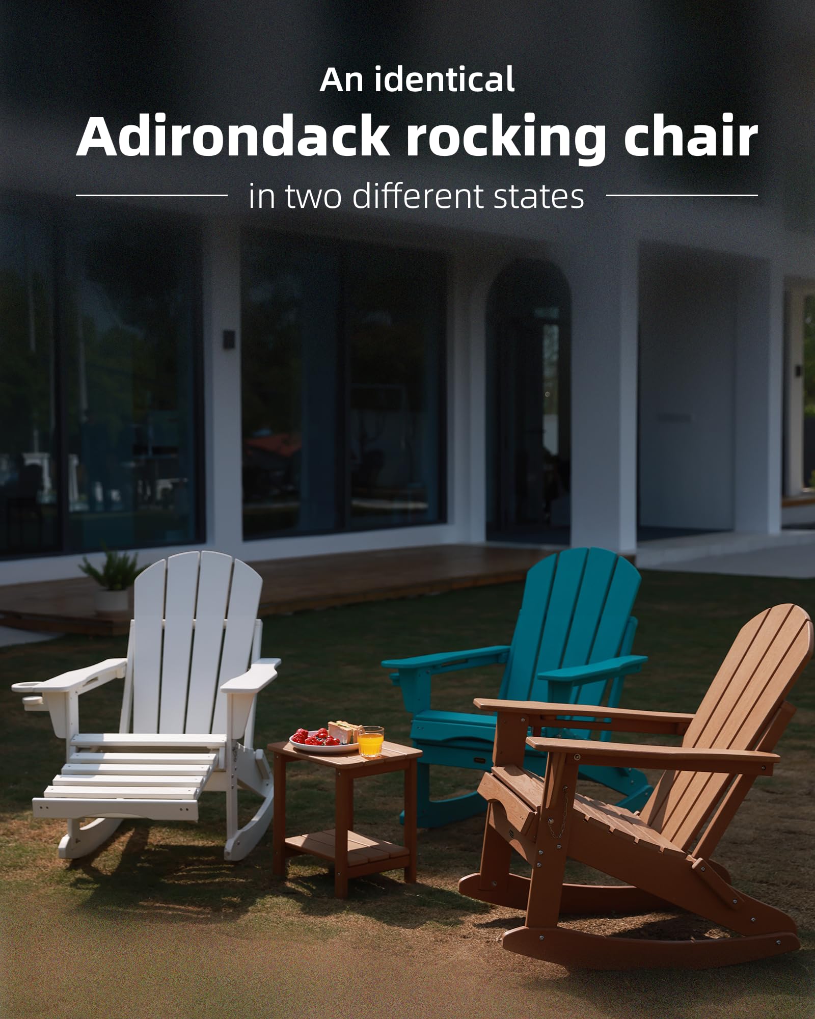 Serique Folding Adirondack Rocking Chair,4-in-1 Multifunctional Patio Chair with Retractable Ottoman, Outdoor Chair Wood Texture, Lawn Chair for Porch, Backyard, Pool(White)