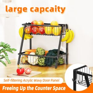 Simple Trending 2 Tier Fruit Basket Metal Wire with 4 Banana Hooks, Countertop Fruit Vegetable Basket Kitchen Organizer for Bread Snack Veggies Produce, Black