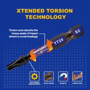 Geinxurn 5 Pieces T20 Hollow 2 In. Impact Tough Magnetic Insert Bit Set, #20 Security Torx Head Power Bits, S2 Alloy Steel Star T20 Screwdriver Bits Set