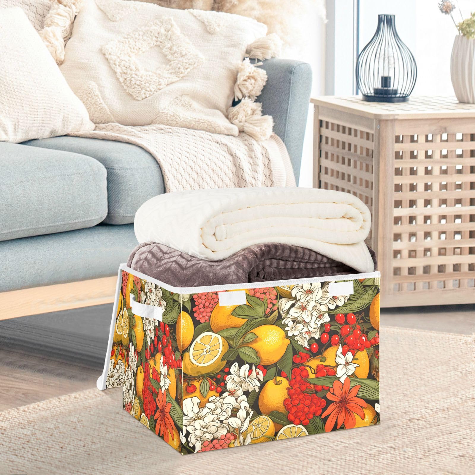 senya Baskets Collapsible Storage Bins with Lids, Retro Lemon White Flower Storage Boxes Clothes Baskets for Organizing, B06D22020