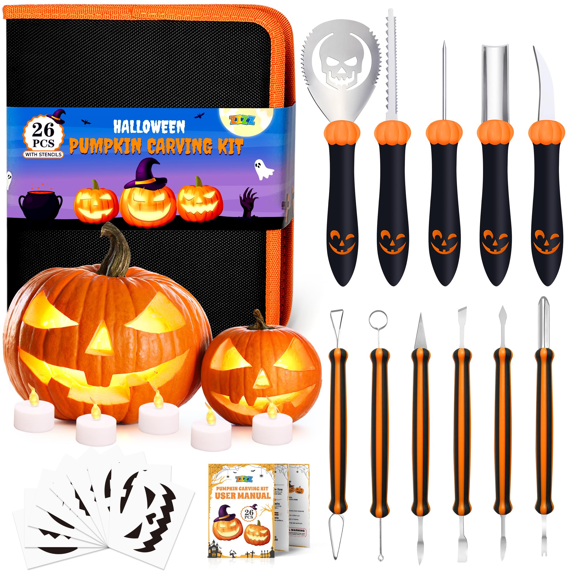 ZIZZ Pumpkin Carving Tools Halloween: 26 Pcs Professional Pumpkin Carving Kit Set for Adult Kid Stainless Steel Pumpkin Sculpting Tool with Stencil & LED Light for Halloween Decoration Jack-O-Lantern