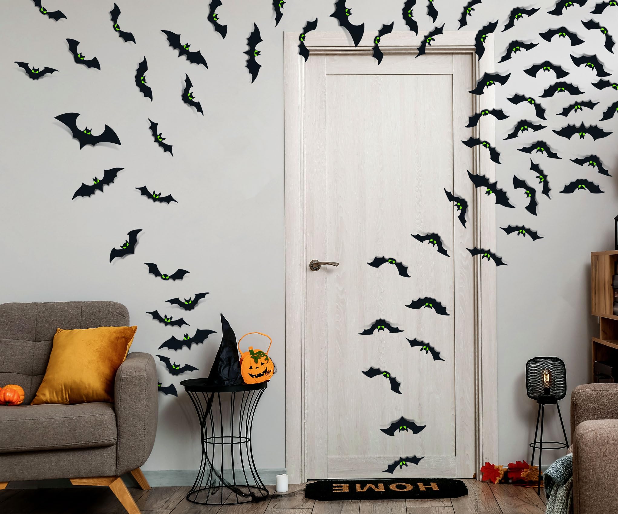 Halloween Decorations Indoor - Bats Halloween Decorations Plastic Spooky Scary 3D Bats for Halloween Party Bathroom Kitchen Home Room Outdoor Wall Glow Eyes Bats Stickers Gothic Decor 56 Pcs