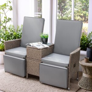 greesum patio recliner all-weather wicker double lounge chair built-in storage side table, gray