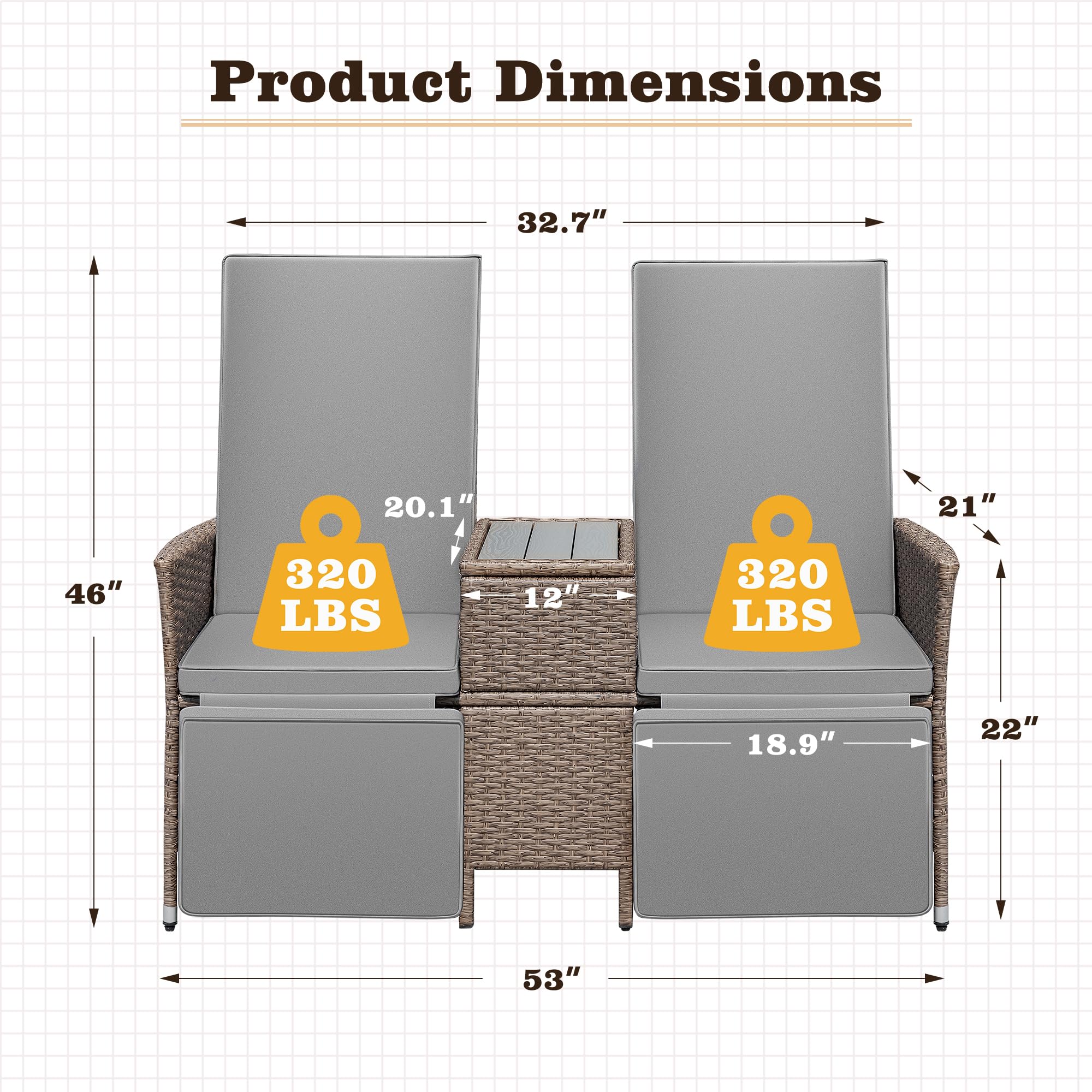 Greesum Patio Recliner All-Weather Wicker Double Lounge Chair Built-in Storage Side Table, Gray